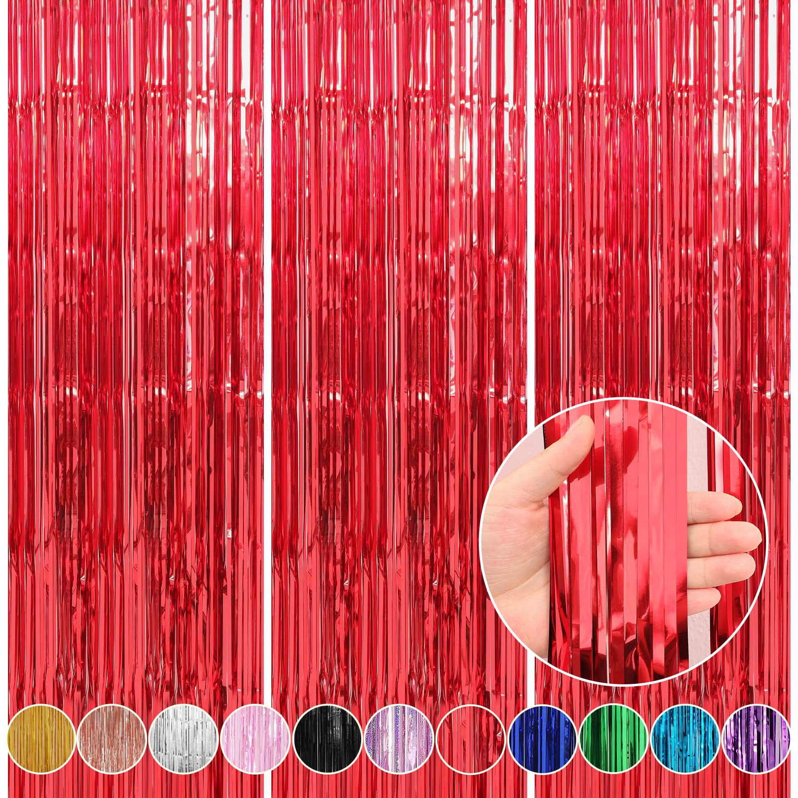 Crosize 3 Pack 3.3 x 9.9 ft Red Foil Fringe Curtains Party Decorations, Red Tinsel Curtain Backdrop for Parties, Door Streamers, Glitter Streamer Backdrop for Birthday Decoration, Preppy, Baby Shower