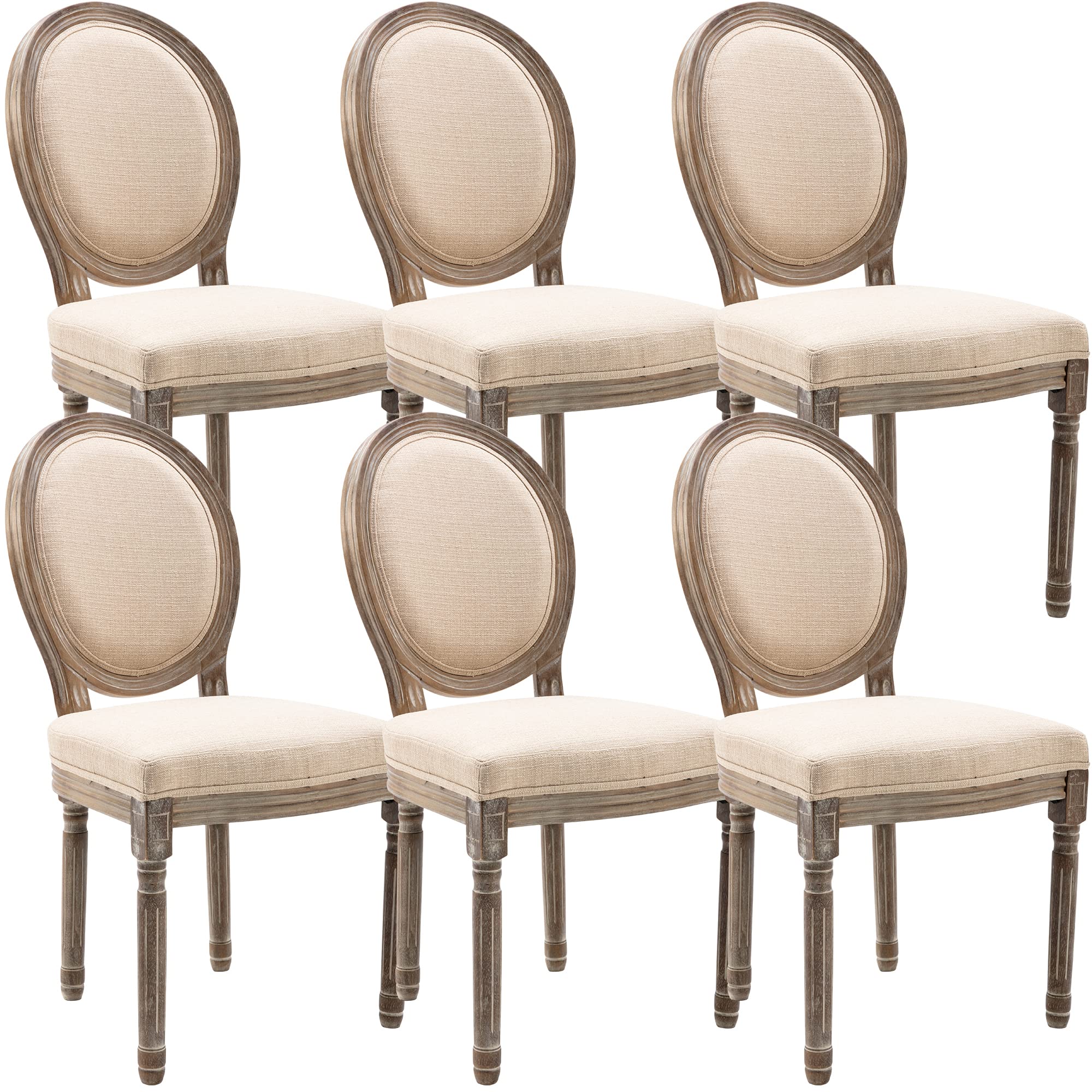 chairus Farmhouse Dining Chairs Set of 6, French Country Dining Room Chairs Vintage Fabric Upholstered Chair with Round Back Dark Wood Legs, Beige 6 PCS