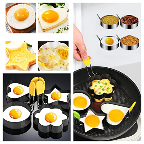 Egg Ring Upgraded Set of 4 with Oil Brush,Foldable silicone handle.Stainless Steel Egg Ring,Non Stick Round Omelette Model for Fried Egg McMuffin Sandwiches.(4 different shapes)