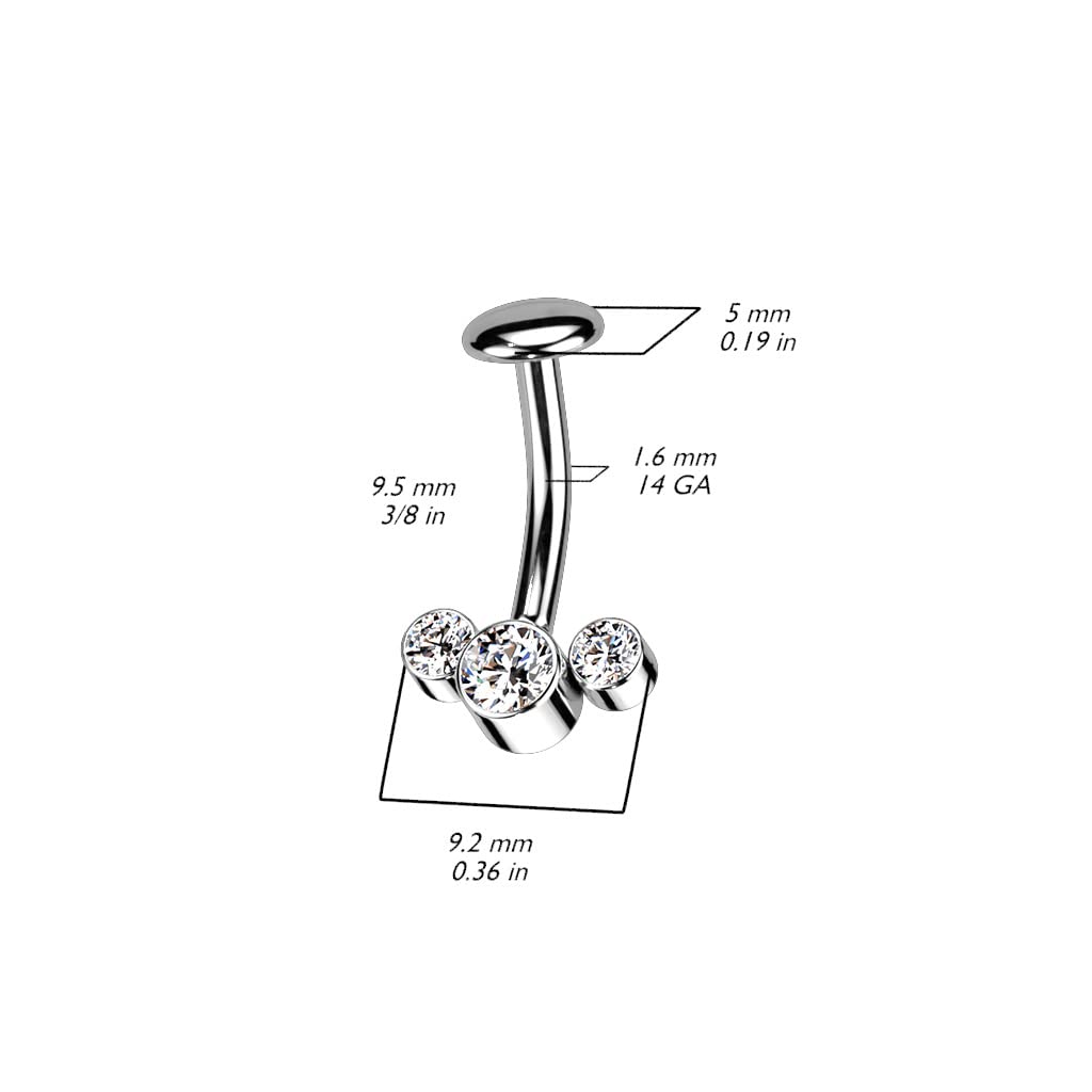 Dynamique Implant Grade Titanium Threadless 5mm Convex Disc Floating Belly Ring With 3-Bezel Set Round CZ Fan (Sold Per Piece)