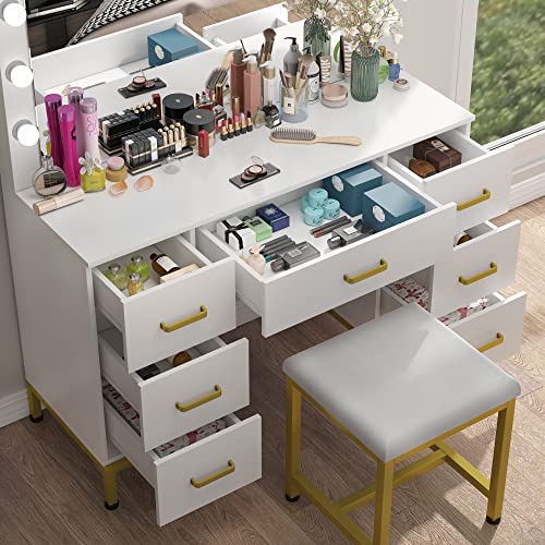 PAKASEPT Vanity Set with Lighted Mirror, Makeup Vanity Dressing Table with 14PCS LED Bulbs, Cushioned Stool & 7 Drawers, Large 44" White Vanity for Bedroom, Powder Room