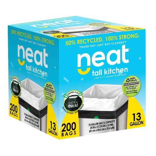 Neat Tall Kitchen 13 Gallon Drawstring Trash Bags - (MEGA 200 Count) - Triple Ply Fortified, Eco-Friendly 50% Recycled Material, Neutralize+ Odor Technology, Reversible Black and White Garbage Bags