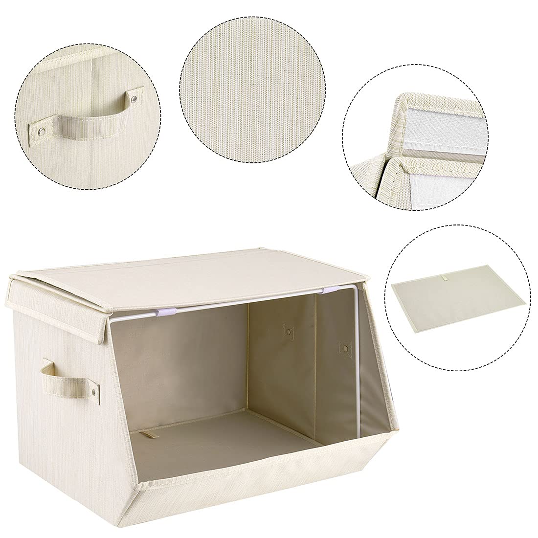 i BKGOO Set of 2 Stackable storage bins,Linen Fabric Foldable Storage Organizer Cubes Box whits Lids and Own-Handle Storage Organizer Bins for Home Office Nursery Living Room Beige 15x10.5 x10inch