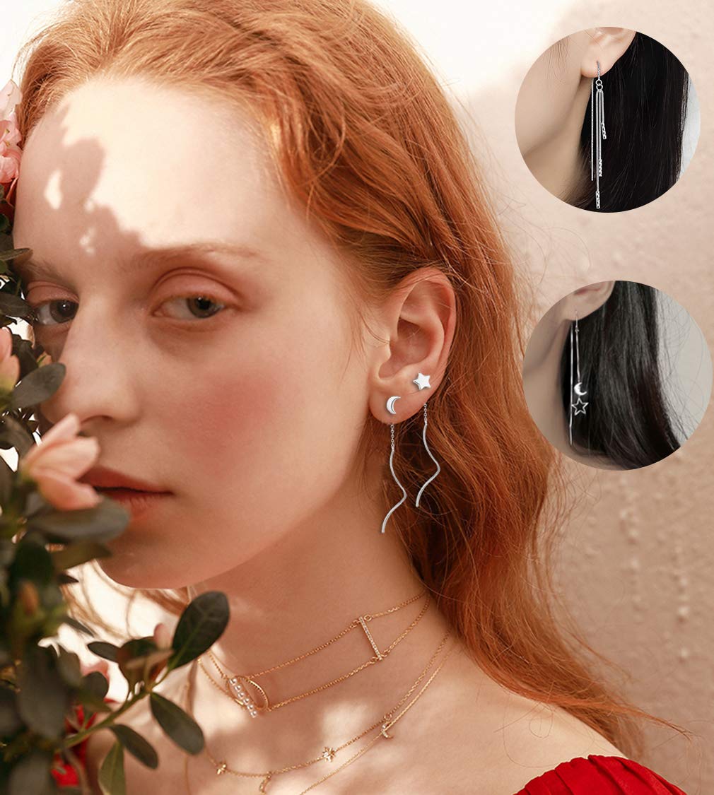 CASDAN 8 Pairs Silver Plated Long Chain Tassel Earrings for Women Lightweight Ball Drop Dangle Moon Star Tassel Threader Earrings