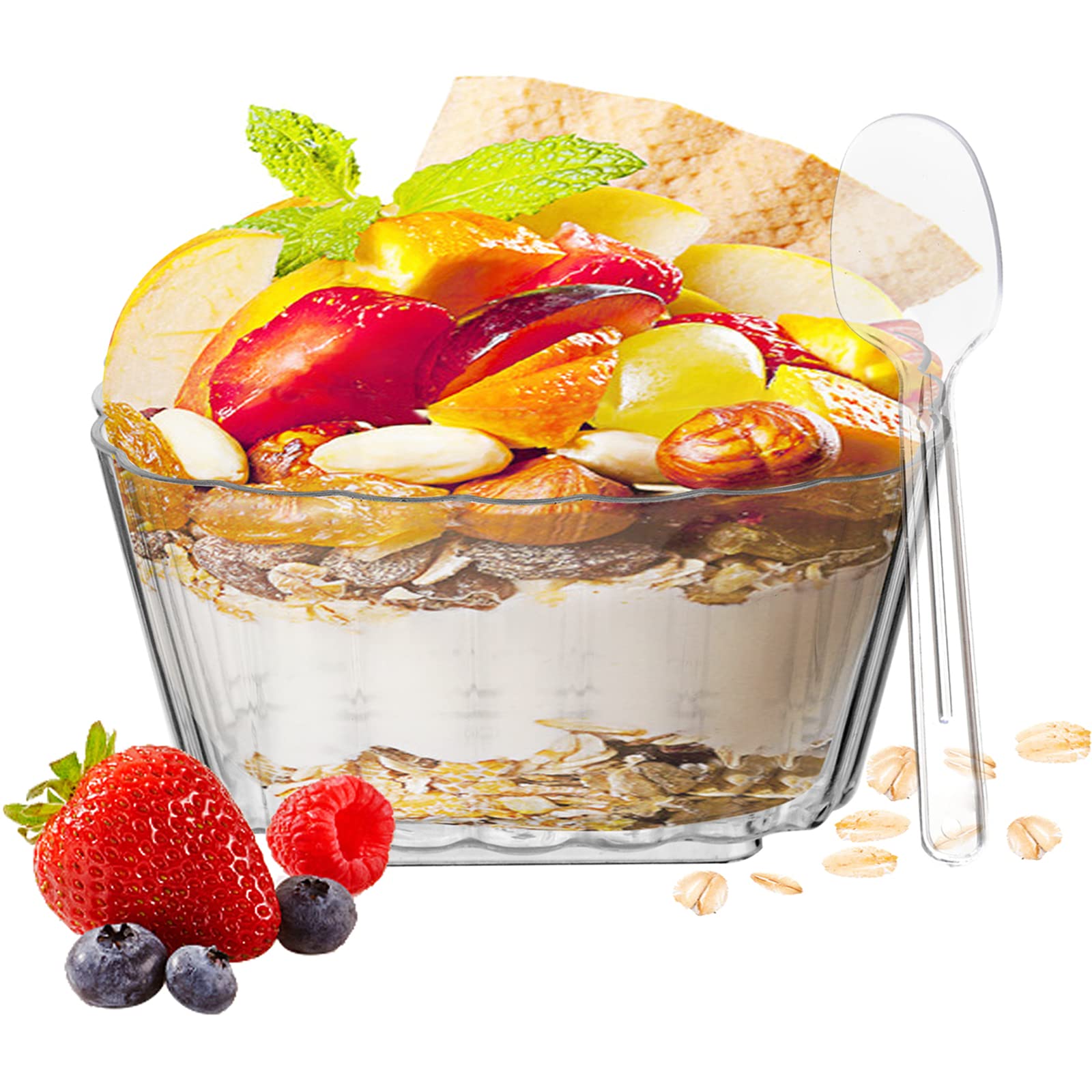 DEAYOU 100 Pack 5 Oz Dessert Cups with Spoons, Small Plastic Mousse Cup Dessert Shooters, Clear Disposable Parfait Appetizer Cup, Mini Reusable Trifle Tumbler Cup for Souffle, Pudding, Party