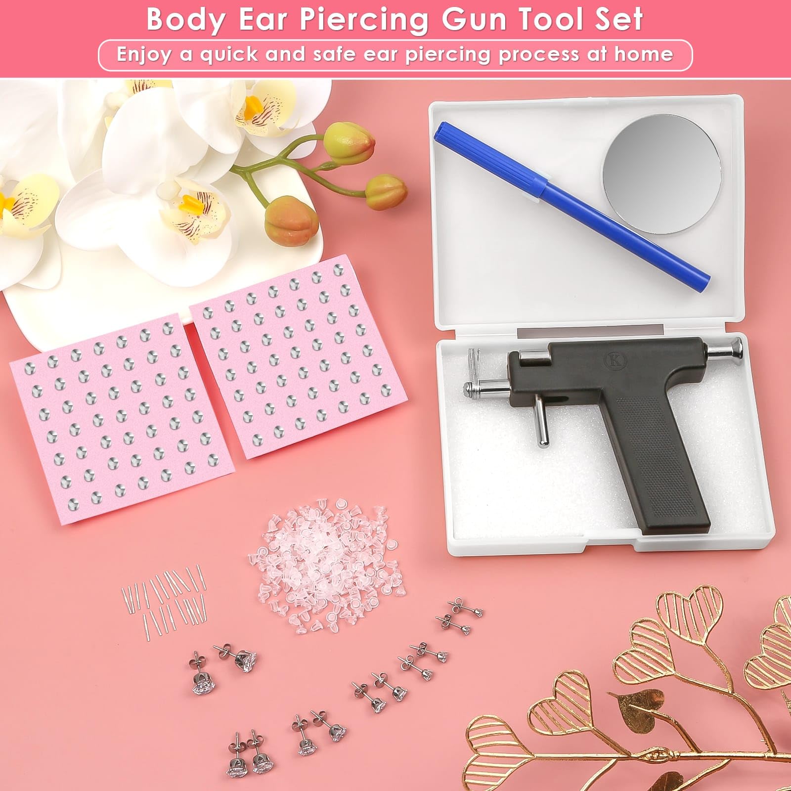 Ear Piercing Gun Kit, 233PCS Self Piercing Earrings Set, Nose Navel Lip Ears Piercer Body Piercing Tools, Earring Piercer with Hypoallergenicear Piercing Needle Kit for Salon & Home
