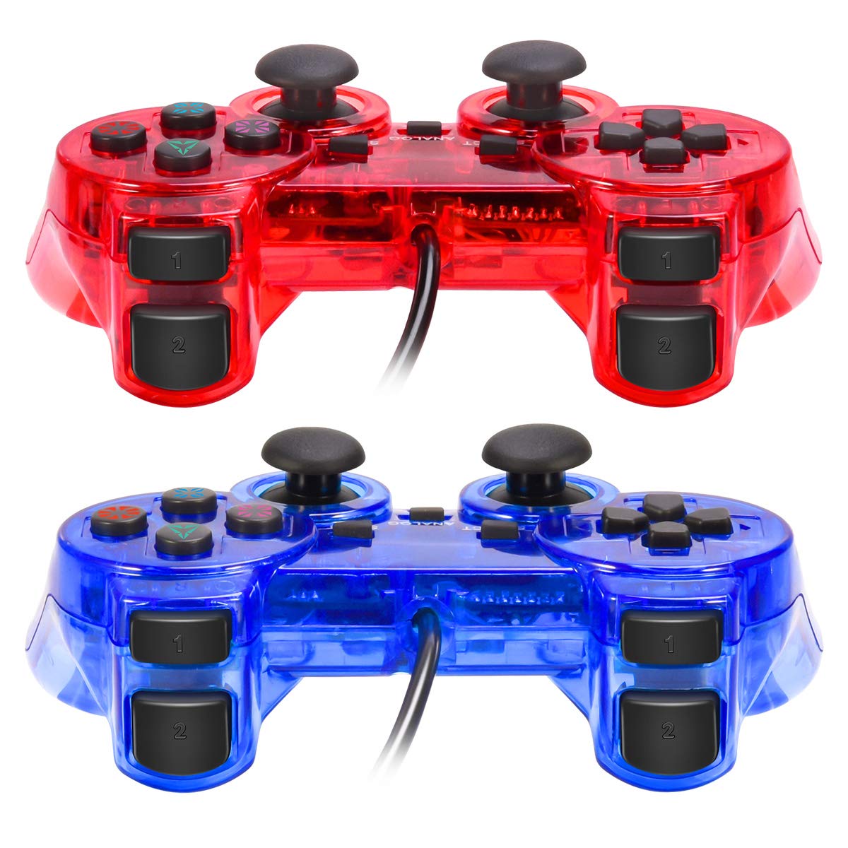 Cipon Wired Controllers Compatible with PS-2 Console, 2 Pack Vibration Gamepad Remote with 2.2M Cable (Red&Blue)