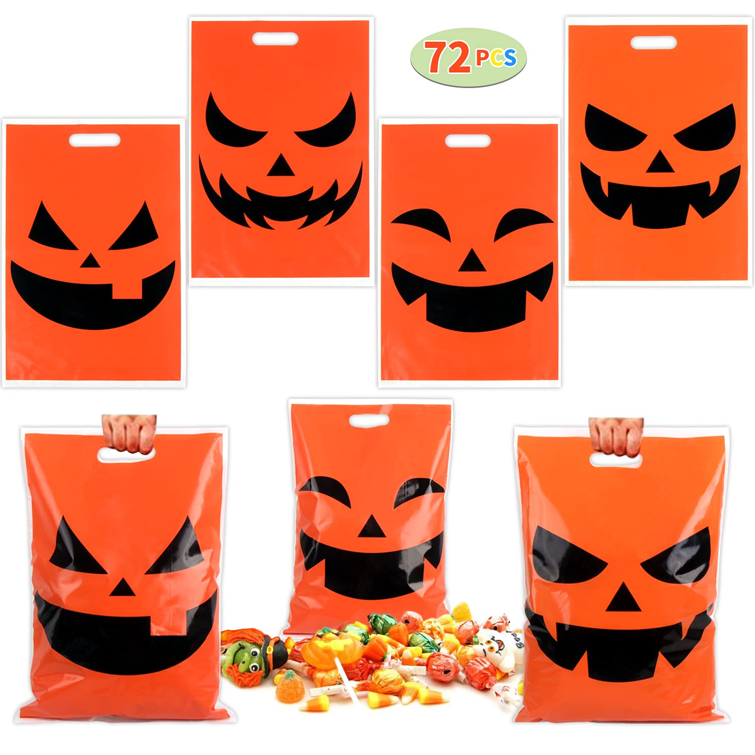 LOKIPA Halloween Plastic Pumpkin trick or Treat Candy Bags,72pcs Jack O Lantern Pumpkin Gift Snacks Party Favor Bag for Halloween