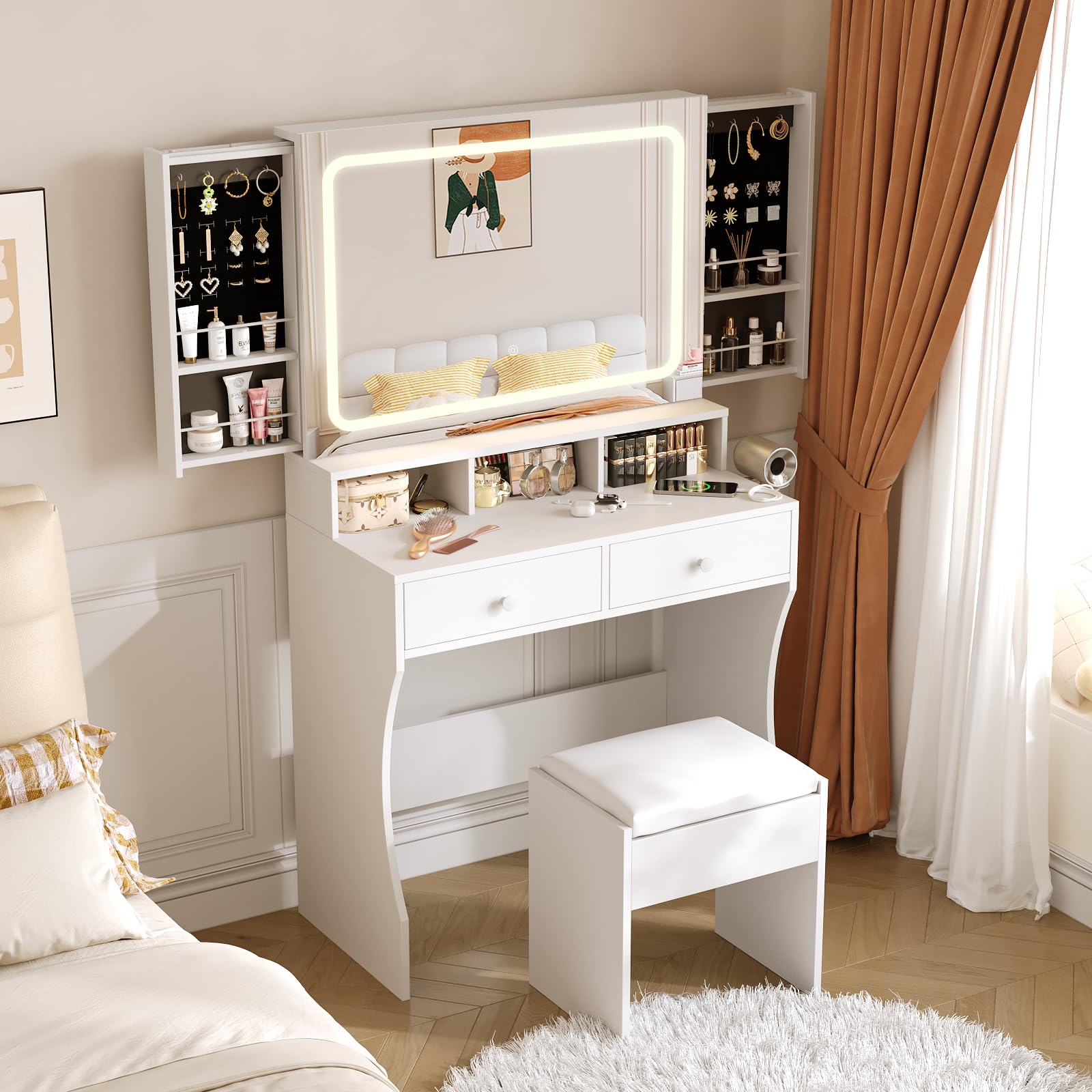 Fameill Vanity Desk with Mirror and Lights, White Makeup Vanity with 3 Color Lighting & 2 Large Drawers, Small Vanity with Charge Station and Stool, Vanity Set with Hidden Sliding Jewelry Cabinet