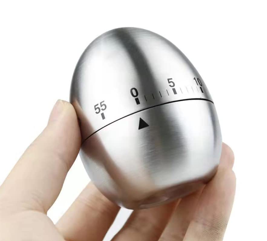 Egg Timer Stainless Steel Mechanical Rotating Alarm 60 Minutes Count Down Timer for Cooking Learning Egg Kitchen Timer（Silver，Egg Shape）