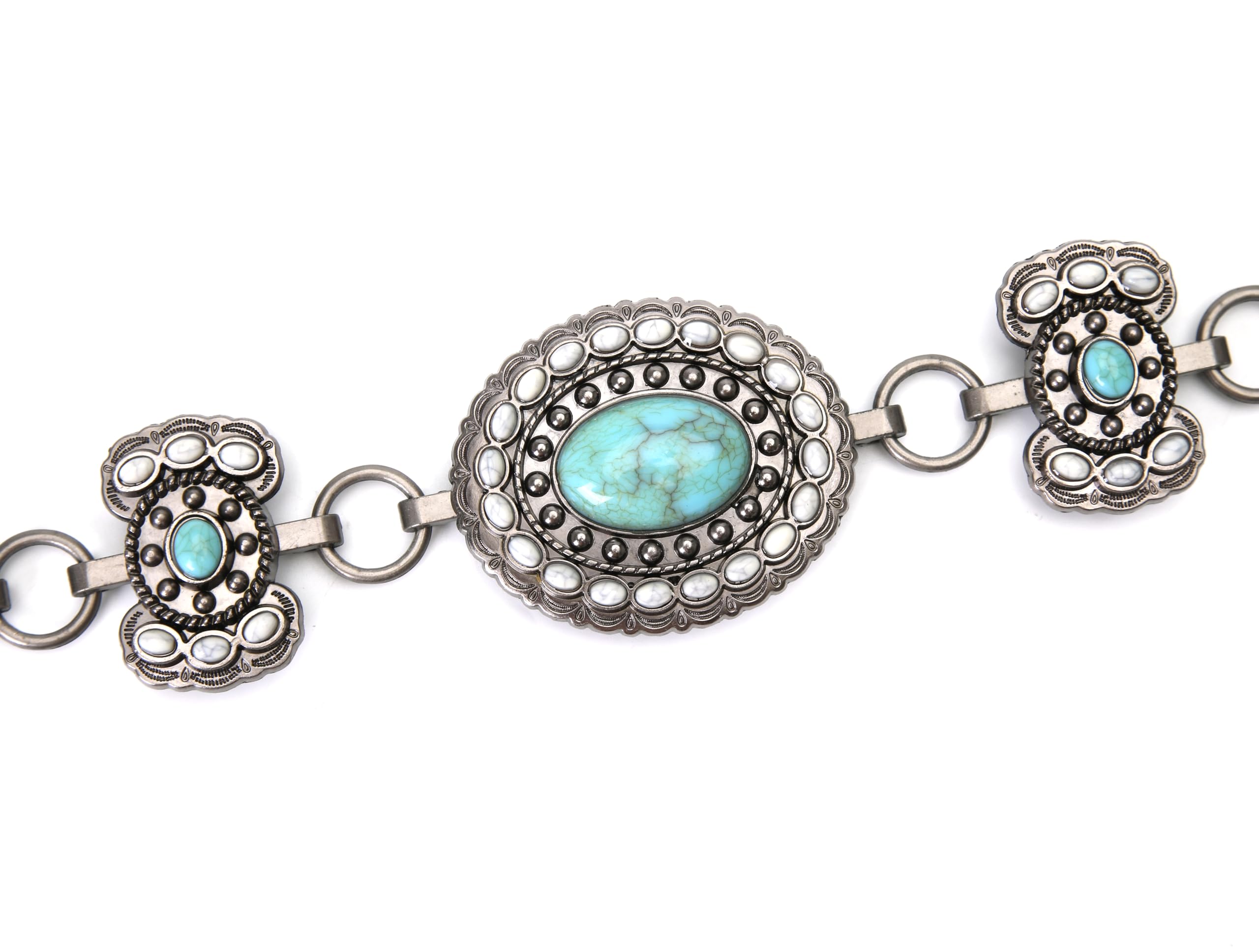 CNBOME Women's Western Cowgirl Concho Turquoise Stone Chain Belt (Jade & White, XLarge)