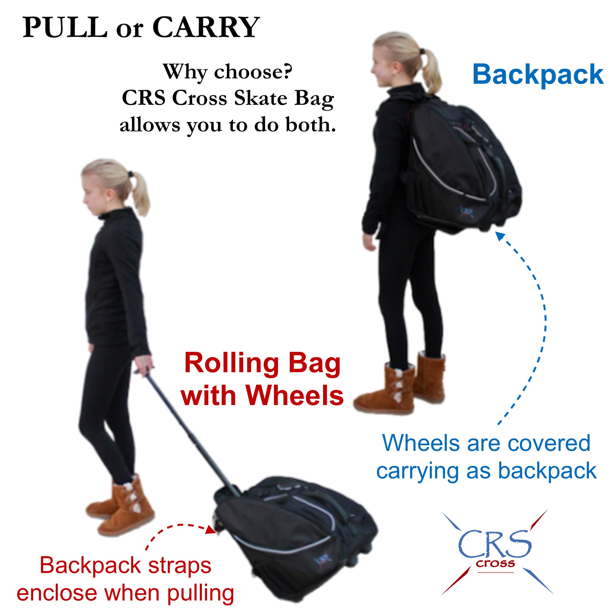 CRS Cross Skate Bag - Backpack converts to Rolling Bag with Wheels. Ice skate bag for figure skating, roller skating, quad skaters, ice skating (Biellmann Black)