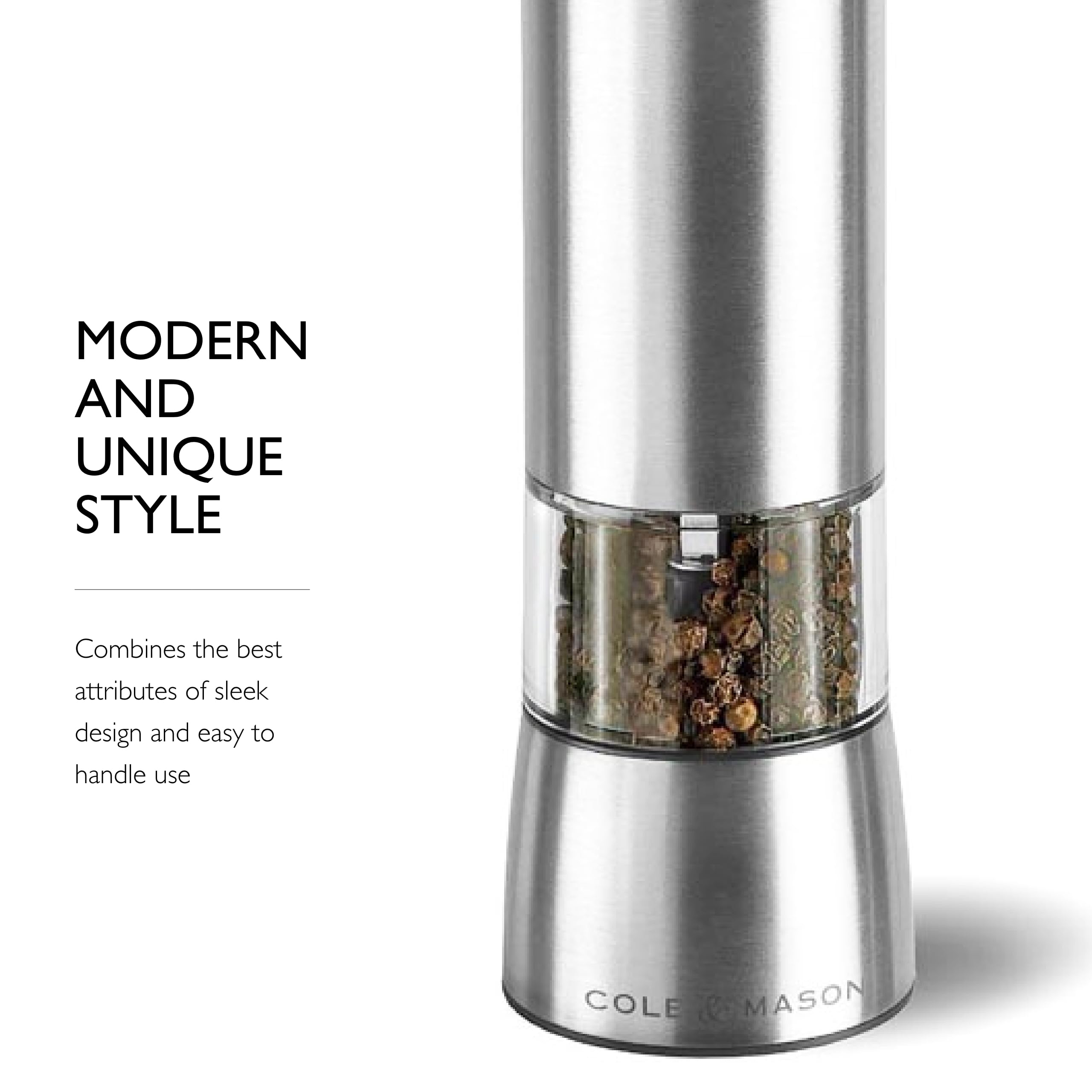Cole & Mason Hampstead Electronic Pepper Mill - Electric Pepper Grinder Set - Adjustable Electric Spice Grinder - Kitchen Tool & Gadget - Hand Wash - Stainless Steel