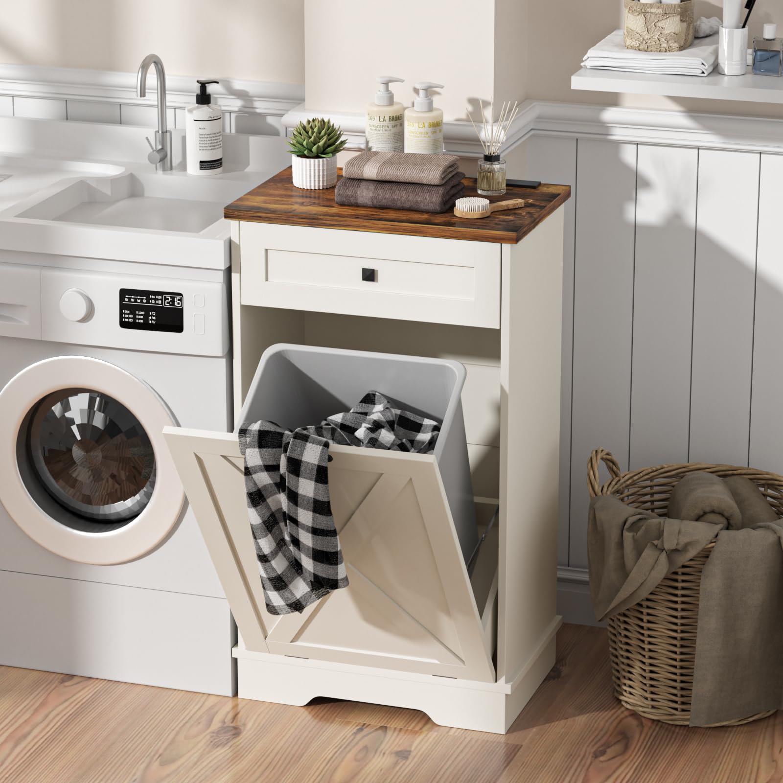 Double Tilt Out Trash Can Cabinet, 13 Gallon Hidden Trash Can Cabinet with Deodorizing Function, Farmhouse Wooden Garbage Trash Bin Cabinet for Kitchen Living Room, White
