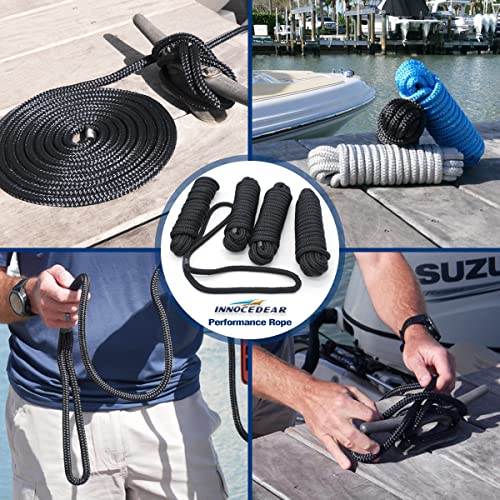 INNOCEDEAR 4 Pack 1/2β X 15β Dock Lines|Marine-Grade Double-Braided Nylon Dock Line with 12β Eyelet.Hi-Performance Boat Rope Mooring Rope Black Dock Line