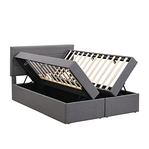 BOVZA Queen Size Upholstered Platform Bed Frame with Headboard and Storage Underneath, Space Saving, Gray