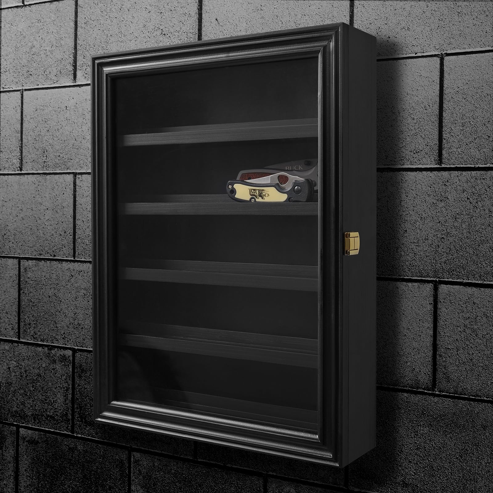 ZAYALI Pocket Knife Display Case for Wall, Pocket Knife Stand for Collections with Uv Protection Acrylic Lockable, 5 Rows Military Folding Knife Stand with Removable 2 Grooves Shelves Black