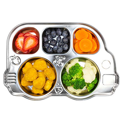 Innobaby Stainless Bus Plate with Airtight Sectional Lid, The Original, Leak-Resistant Divided Platter, Mom Invented Fun Shape Plate Din Din SMART for Babies, Toddlers and Kids, BPA Free Plate, Orange