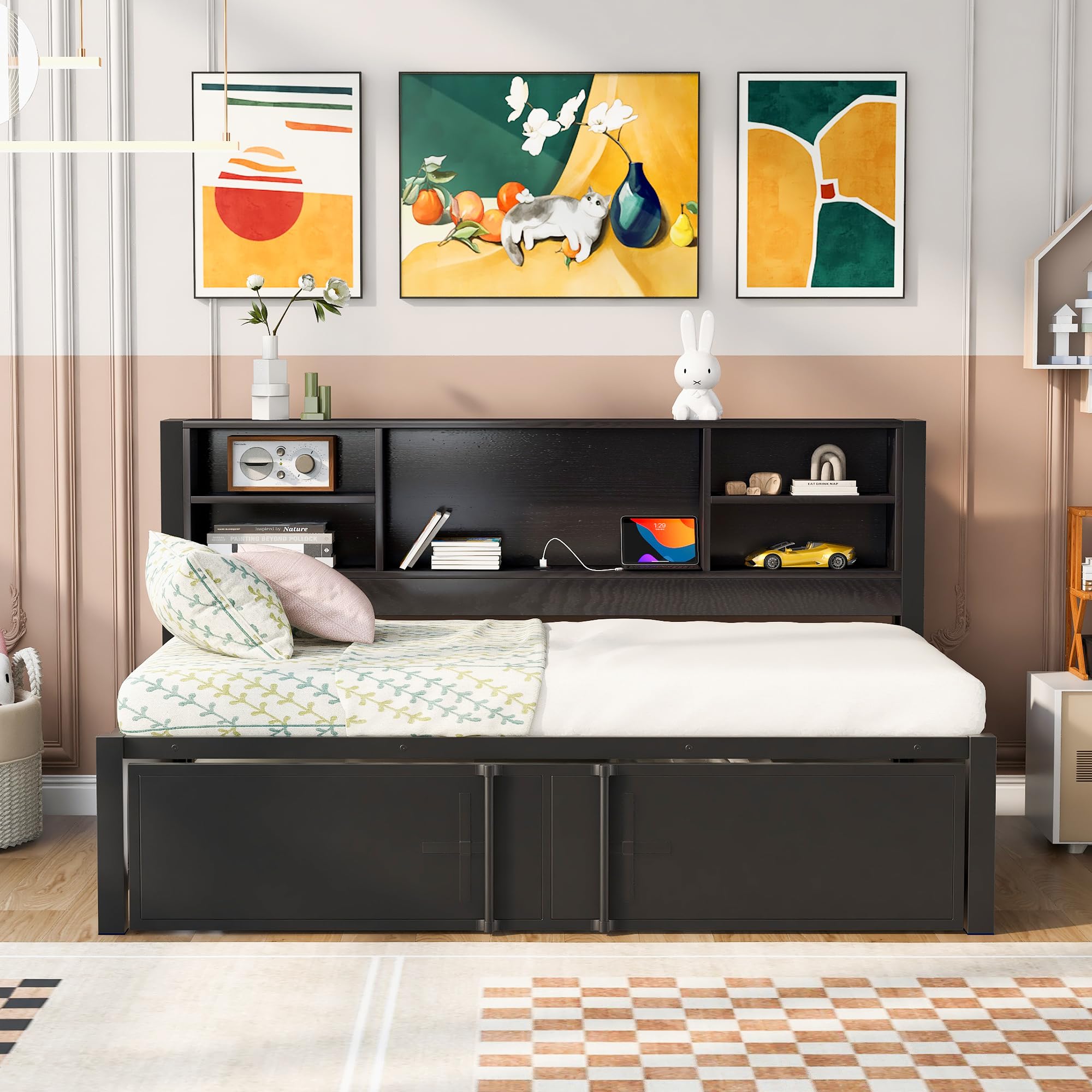 LostCat Full Size Daybed with Storage Bookcases, Wood Day Bed with Sideboard Shelf, Wood Slat Support, Easy Assembly, White Oak
