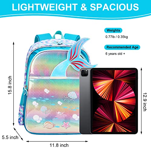 IQOVEO School Backpack for Girls, 16" Sequin Mermaid Kids Backpack Girls Elementary School, Lightweight Waterproof Toddler Backpacks with Adjustable Padded Straps