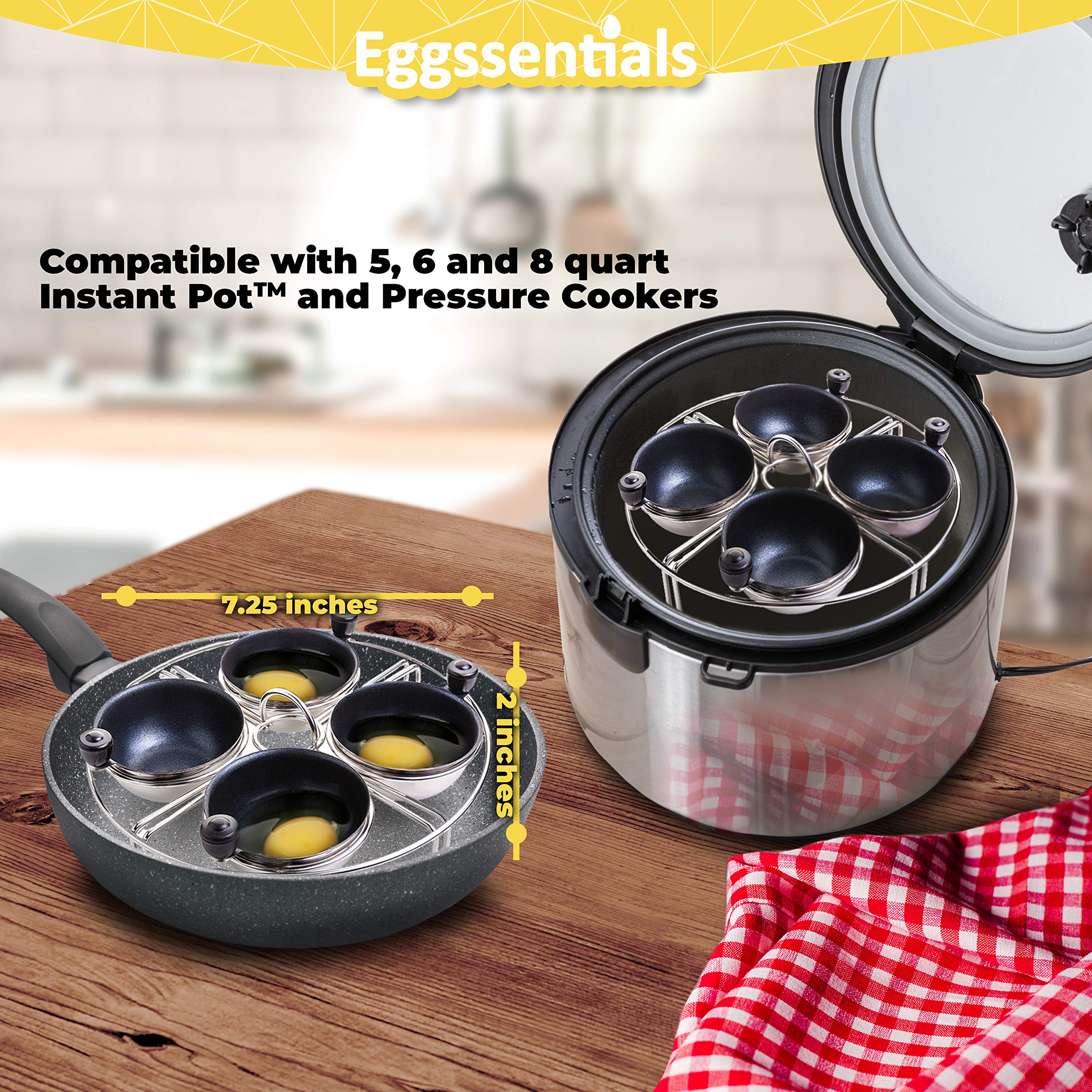 Eggssentials Egg Poacher Insert Stainless Steel Poached Egg Cooker Eggs Poaching Cup PFOA Free Egg Poachers Nonstick, 7.25" Rack Compatible with Skillet Instant Pot