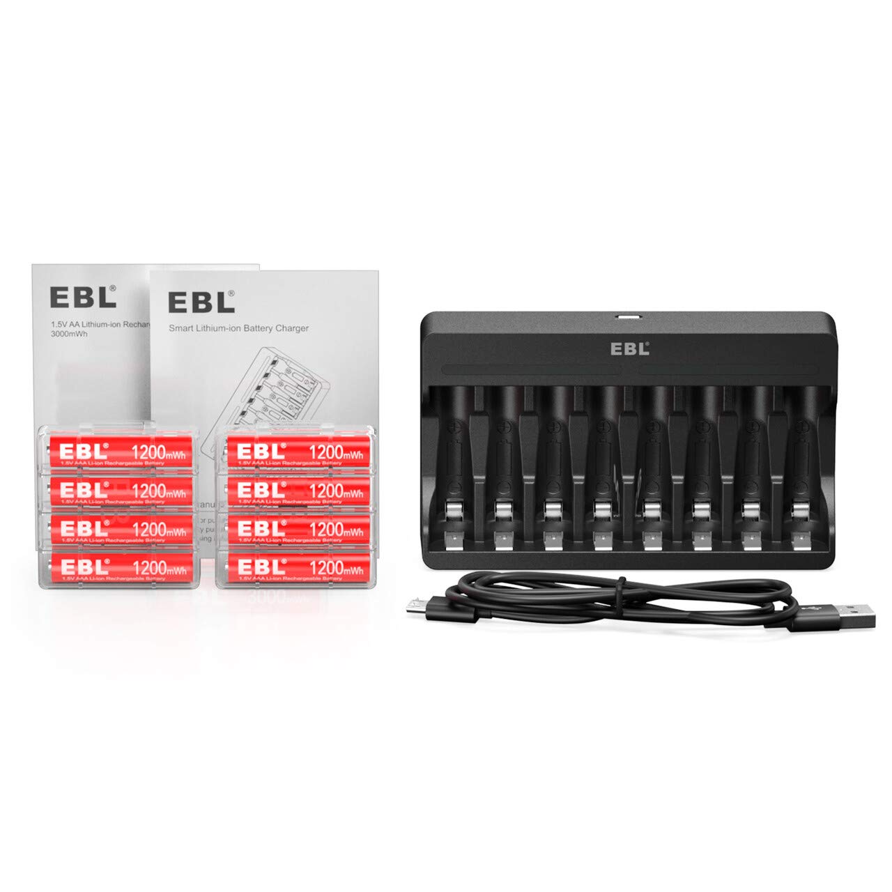EBL AA AAA Lithium Batteries with Charger Combo 1.5V Rechargeable Battery 8-Pack AA Lithium Batteries 3000mWh & 8 Pack AAA Lithium Batteries 1200mWh with 8 Bay Battery Charger