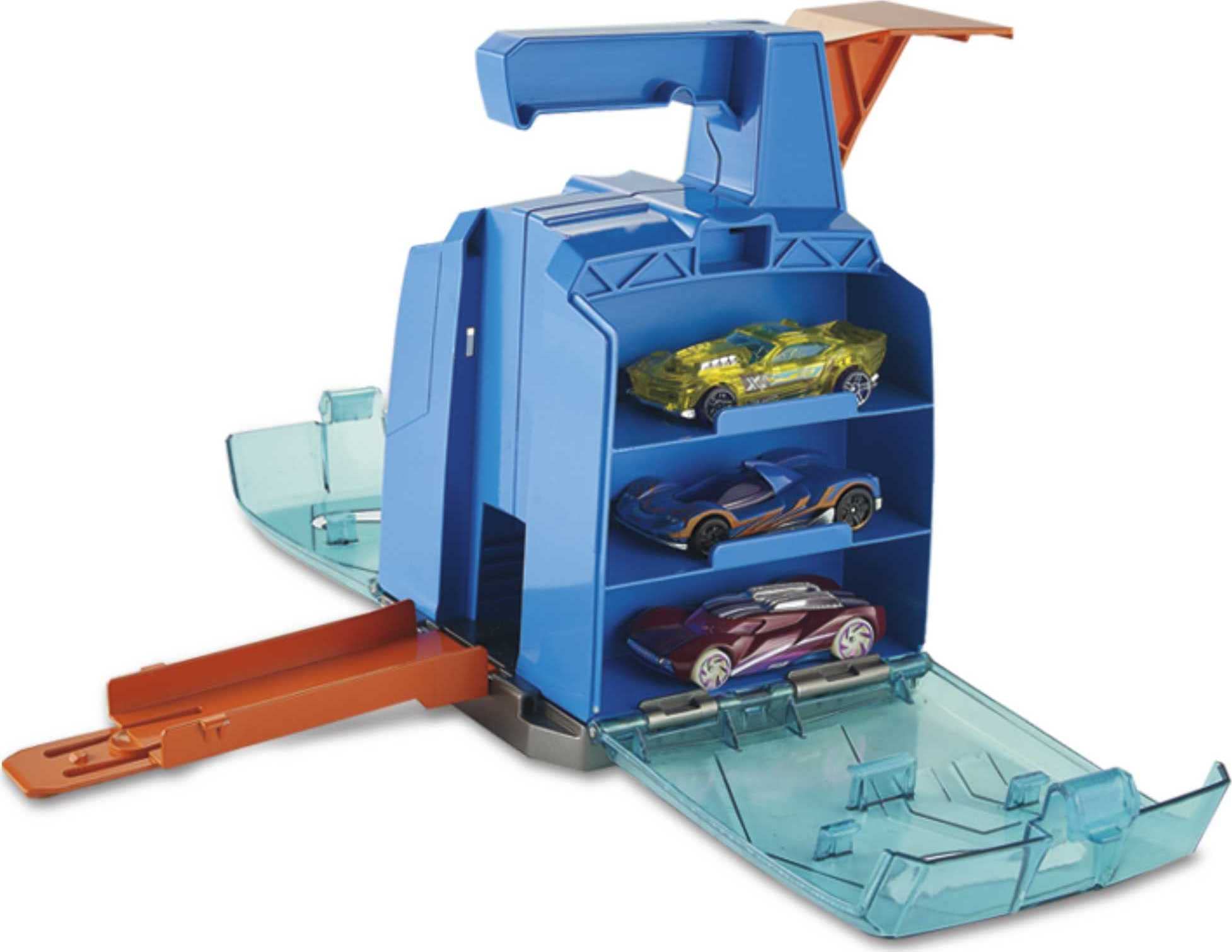 Hot Wheels Toy Car Track Set, Display Launcher & 2 1:64 Scale Vehicles, Visible Storage for 6 Cars Toy Cars, Connects to Track