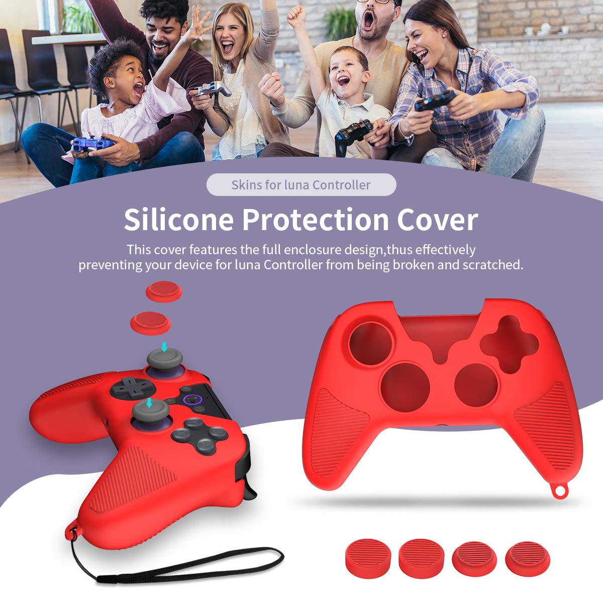 Case for Luna Controller, Alquar Silicone Case Cover for Amazon Luna Controller, Anti-Slip/Shockproof/Dustproof Skin Protective Cover for Luna Game Controller- with Lanyard/Thumb Grip Caps (Red)