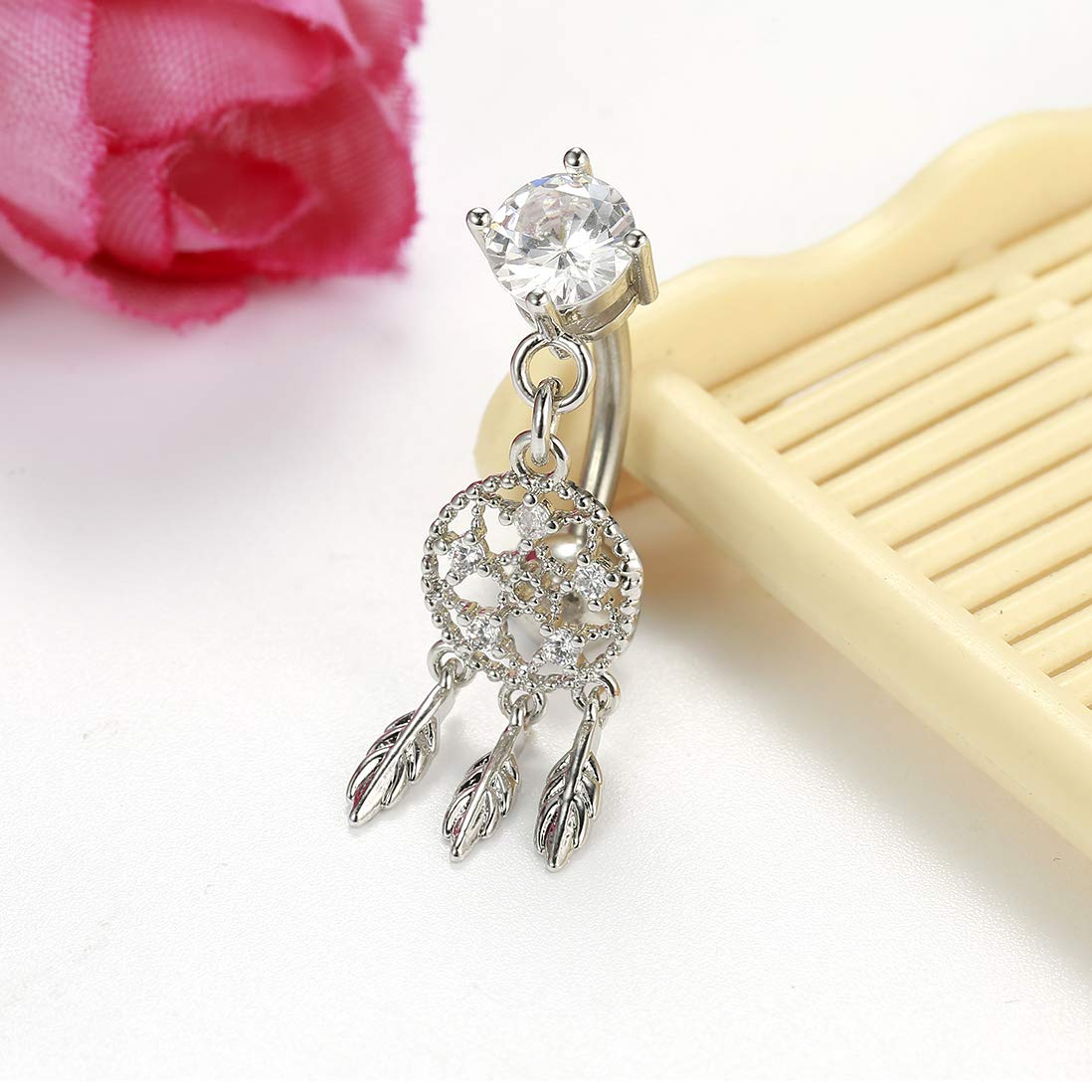 CANDYFANCY 14G Reverse Belly Button Rings Surgical Steel Dangle Snowflake Gem Navel Rings Belly Piercings Jewelry
