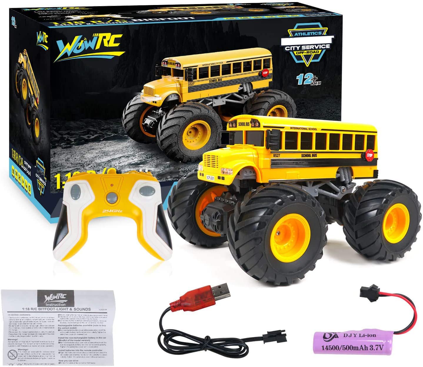 WOWRC Remote Control Fire Truck RC School Bus with Sounds Lights Rechargeable 2.4GHz Monster Trucks Toy for Kids, Boys, Toddlers (Yellow)