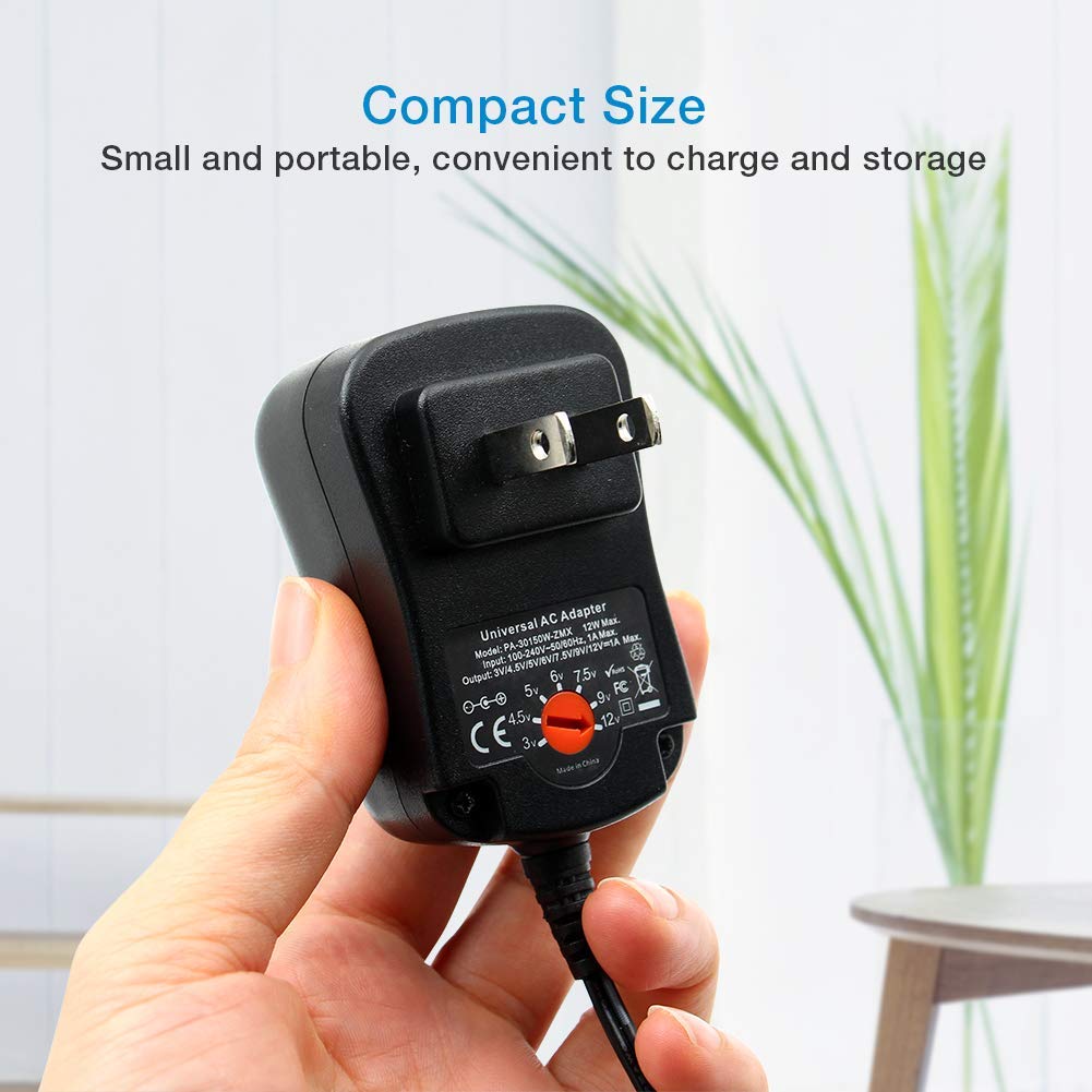 ZOZO 12W 12 Volt 1 Amp 3V 4.5V 5V 6V 7.5V 9V 12V Power Supply, Universal AC Adapter with 5.5mm x 2.1mm Barrel Plug and 8 Selectable Tips Micro USB 3.5mm Jack for MP3 MP4 Player Headphone Speaker Watch