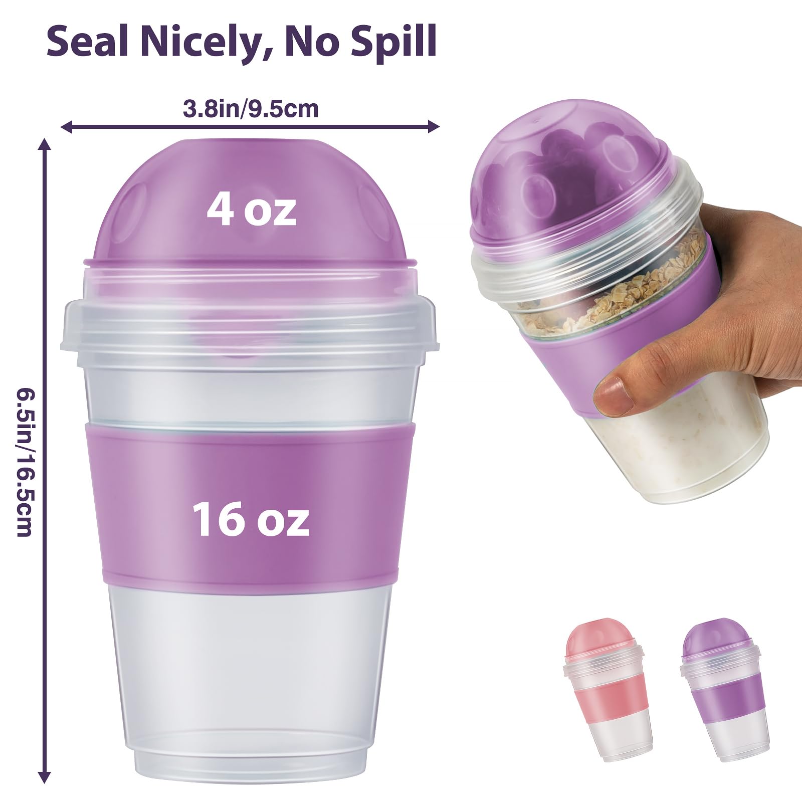 Freshmage® Yogurt Parfait Cups with Lids, 2 Pack 20 oz Reusable Overnight Oats Containers with Lids, Topping Compartment & Spoon to Go for Breakfast Meal Prep, Portable & Lightweight (Purple&Pink)