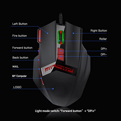 Ruiqas Wired Mouse 10 Buttons Optical Gaming Mouse with RGB Light 1000/1600/ 2400/ 3200DPI Weight Tuning for PC Computer Laptop