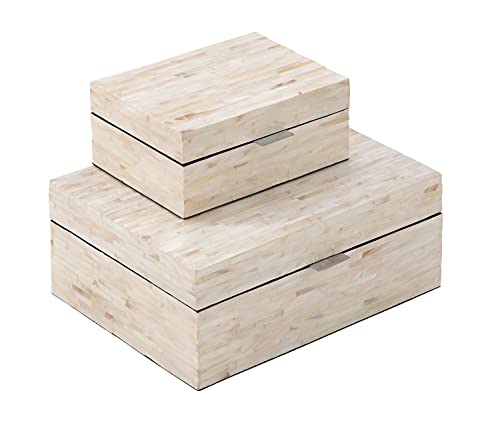Deco 79 Mother of Pearl Handmade Box with Hinged Lid, Set of 2 12", 8"W, White