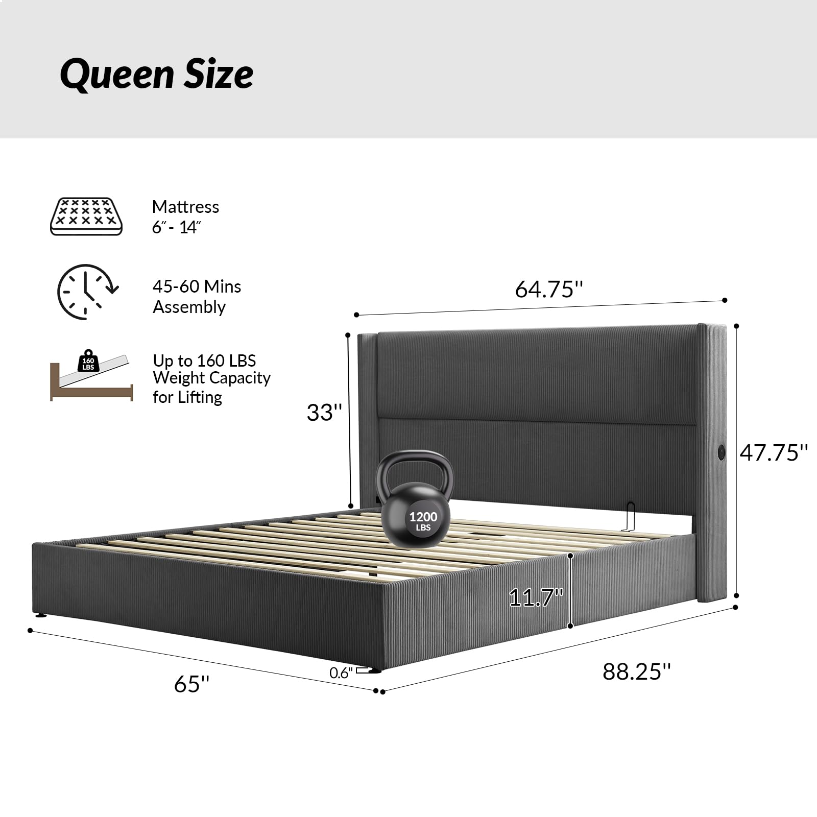 EcoHarbor Lift up Storage Bed Queen with 2 Charging Stations Underneath Corduroy Upholstered Wingback Headboard Hydraulic Bed Frame Queen Size with Storage Noise-Free/No Box Spring Needed (Cream)