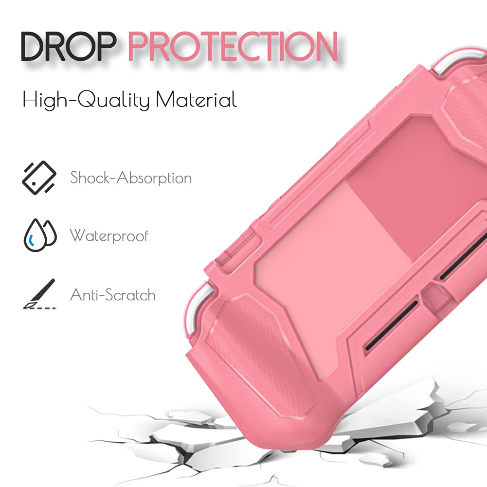 Case for Nintendo Switch Lite Protective Case Cover Skin Accessories - Grip Cover with Built-in PC Screen Protector - Split Cover TPU+PC Case with Anti-Scratch and Shock-Absorption - Coral