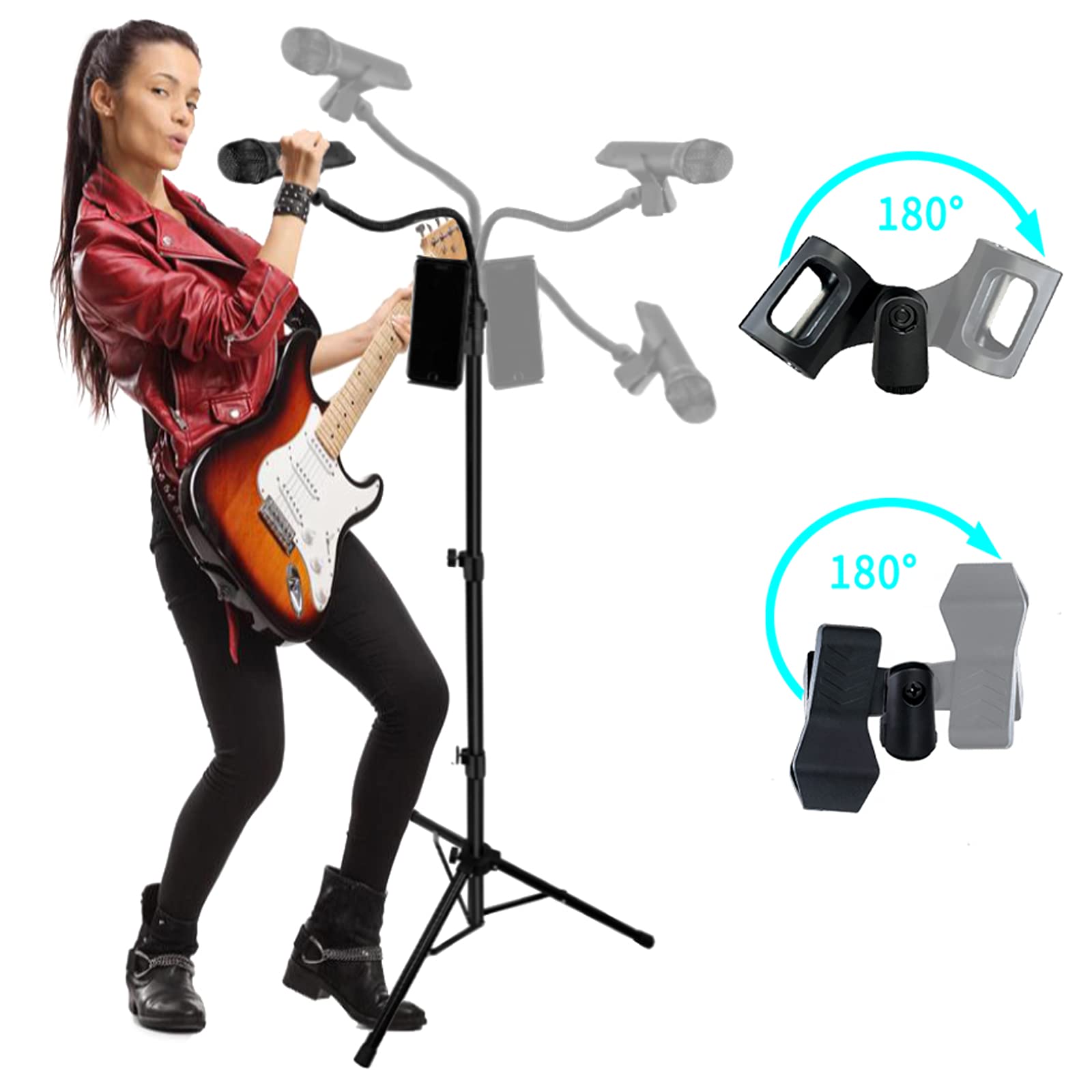 Bulalu Microphone Stand,Mic Stand with Adjustable Height Up To 6 Feet,Gooseneck,Microphone Tripod with Phone Holde With 2 Standard Mic Clips