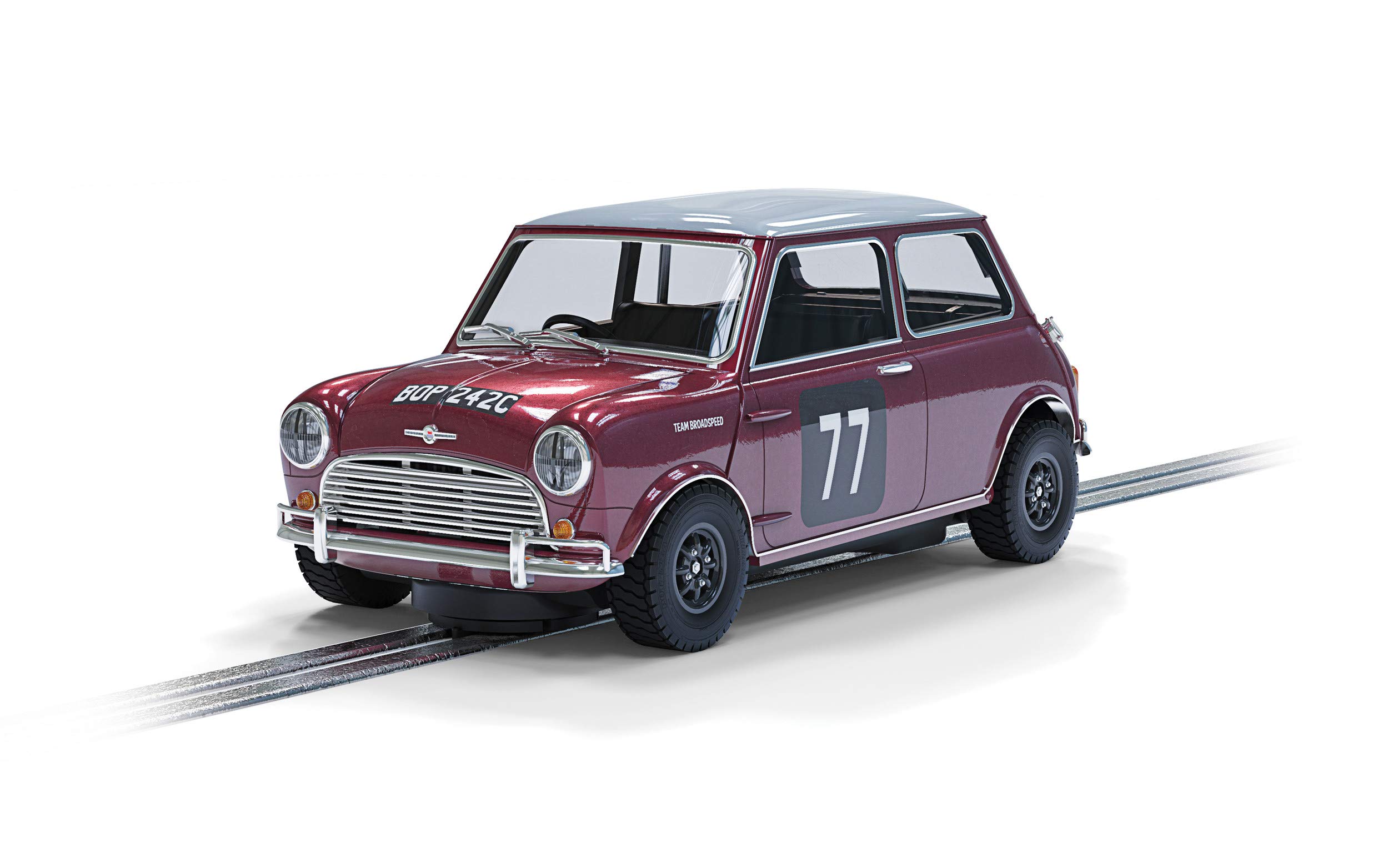 Scalextric Morris Mini Cooper S Broadspeed 77 1:32 Slot Race Car C4238, Maroon