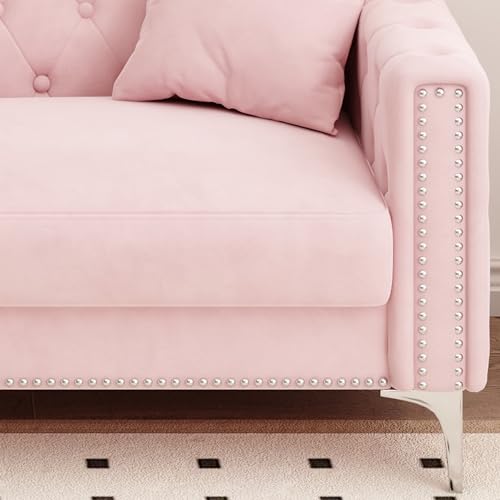 FANYE Velvet Upholstered Sofa Couch with 2 Pillows,Modern 3 Seaters Sofa Couch with Nailhead Decor and Metal Legs for Living Room