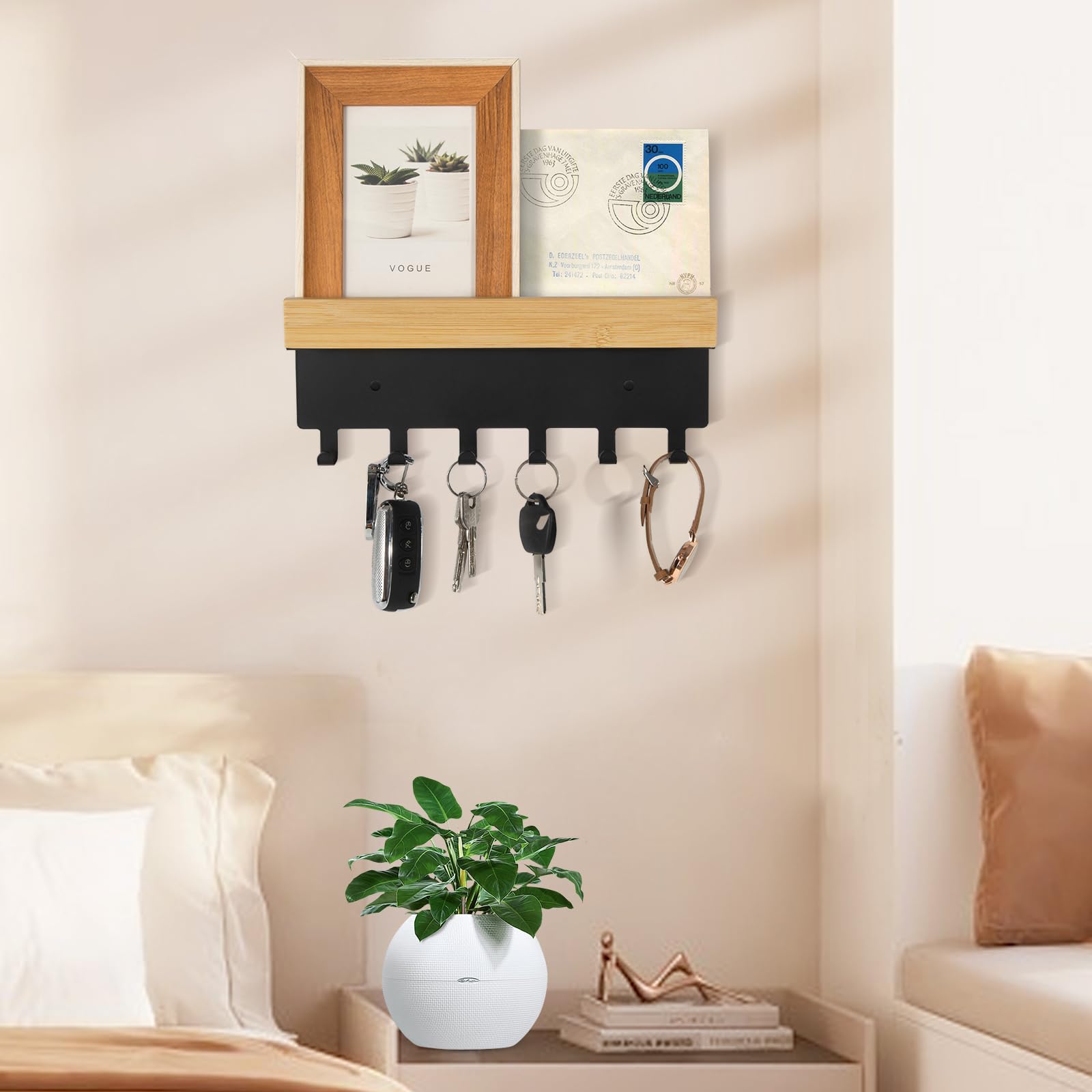 FANYITY Key Holder Wall Mount,Key Hooks for Wall with 6 Stainless Steel Key Hooks and Mail Organizer for Entryway Hallway Kitchen Farmhouse Decor (Key Hooks-6)