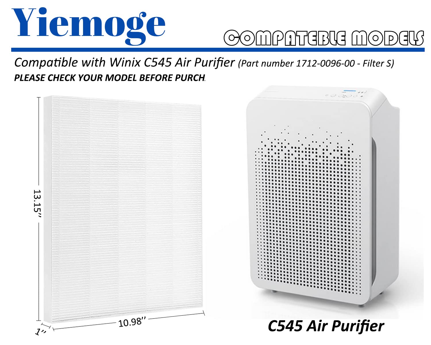 Yiemoge True HEPA Replacement Filter Compatible with Winix C545 Air Purifier, Winix Model C545 P150 B151 113050 Filter S, Part Number 1712-0096-00 (4 HEPA Filters)