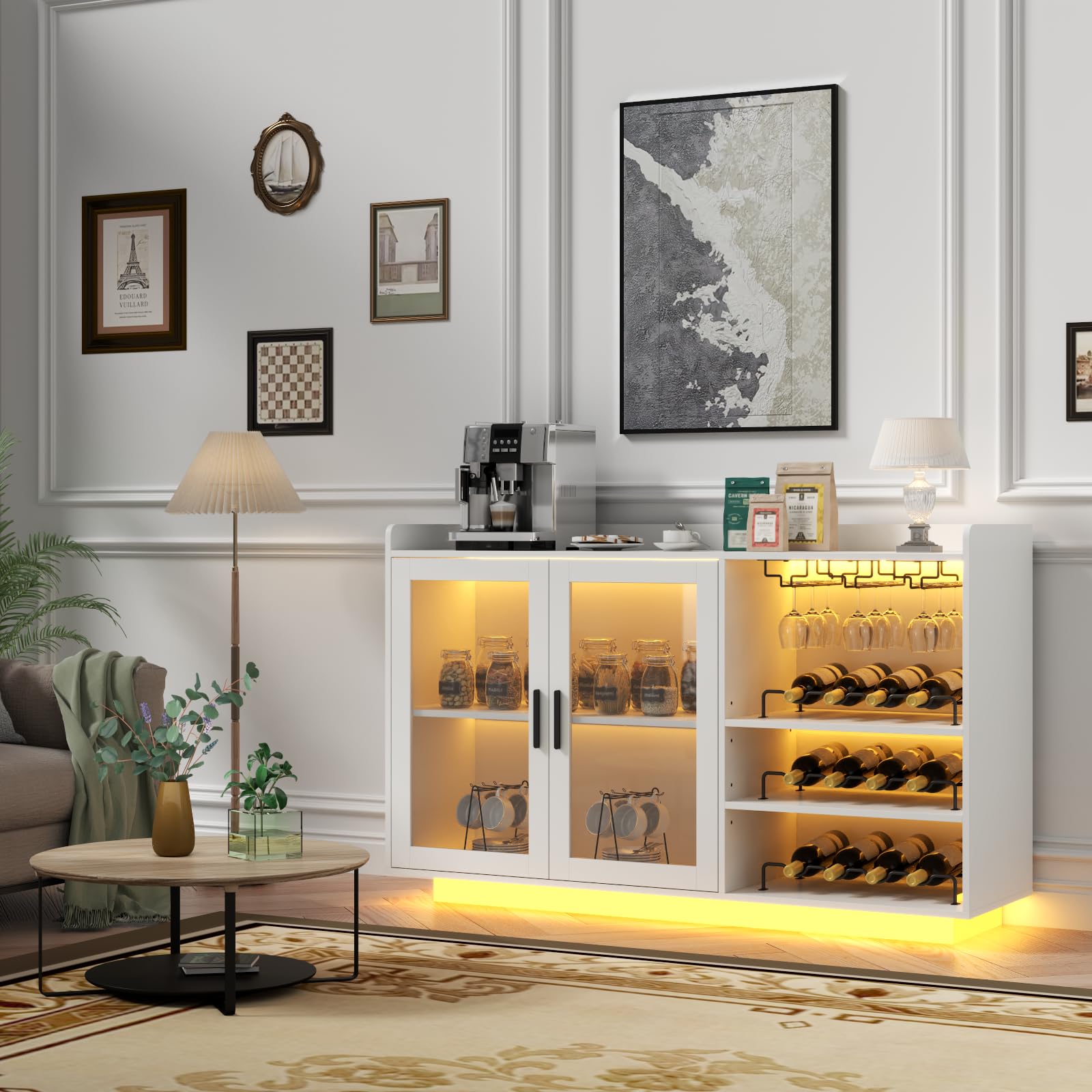 Loomie Wine Bar Cabinet with LED Lights, Floating Coffee Bar with Glass Rack and Removable Wine Racks, Modern Buffet Sideboard with Storage Shelves, Kithchen Bar with Glass Cabinet Doors, Black