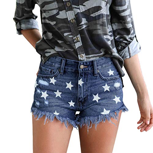 New Slim Tassel Shorts,THENLIAN Women Sexy Star Print High Waist Jeans Button Pocket Pants(S, Dark Blue)