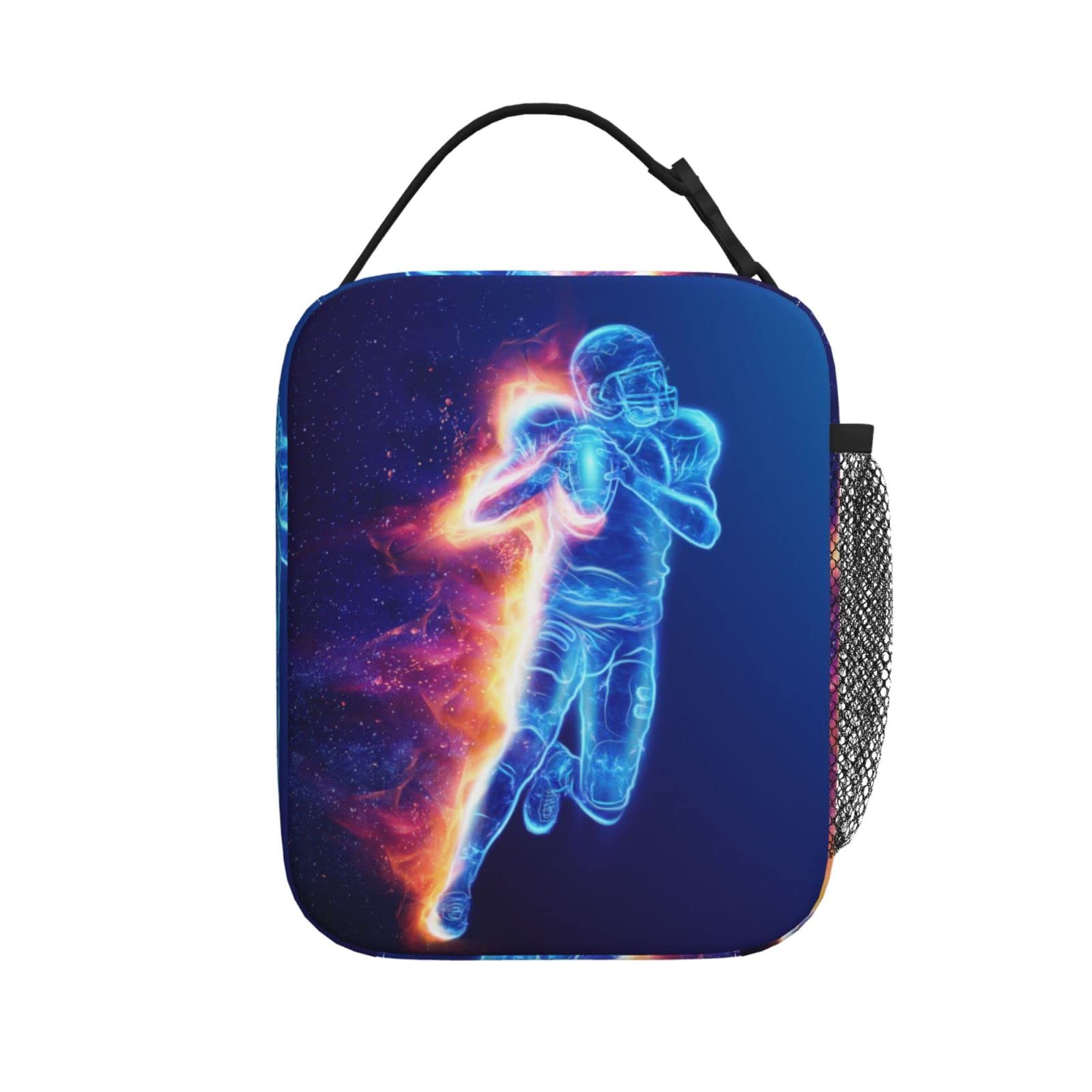 EKAZROMY Boys Football Insulated Lunch Box Bag with Name, Black Lunchboxes with Personalized Text Design, Food Container Tote Bag with Multi-Pocket for Office Work Outdoor Picnic