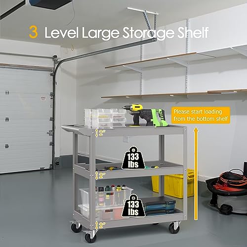 IRONMAX 3-Tier Utility Service Cart, 400 Lbs Heavy Duty Metal Trolley Rolling Cart w/Ergonomic Flat Handle, Lockable 360°Swivel Wheels, Chic Mechanic Tool Cart for Garage Warehouse & Repair Shop