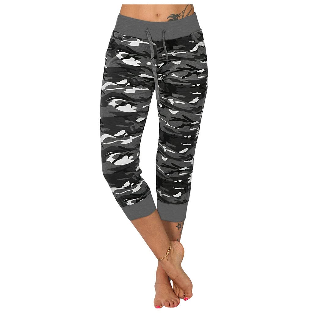 Camo Capri Yoga Pant Adult Teens All Over Printed Capri Legging for Womens Drawstring Workout Sweatpants Pants