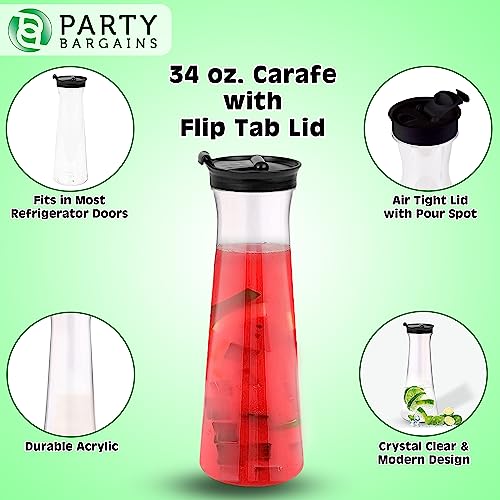 Party Bargains 34 oz. Water Carafe with Flip Tab Lids - 1 Pack, Black Lid Premium Quality & Heavy Duty Carafe - Excellent for Milk, Water, Iced Tea, Powdered Juice, Cold Brew, Mimosa Bar