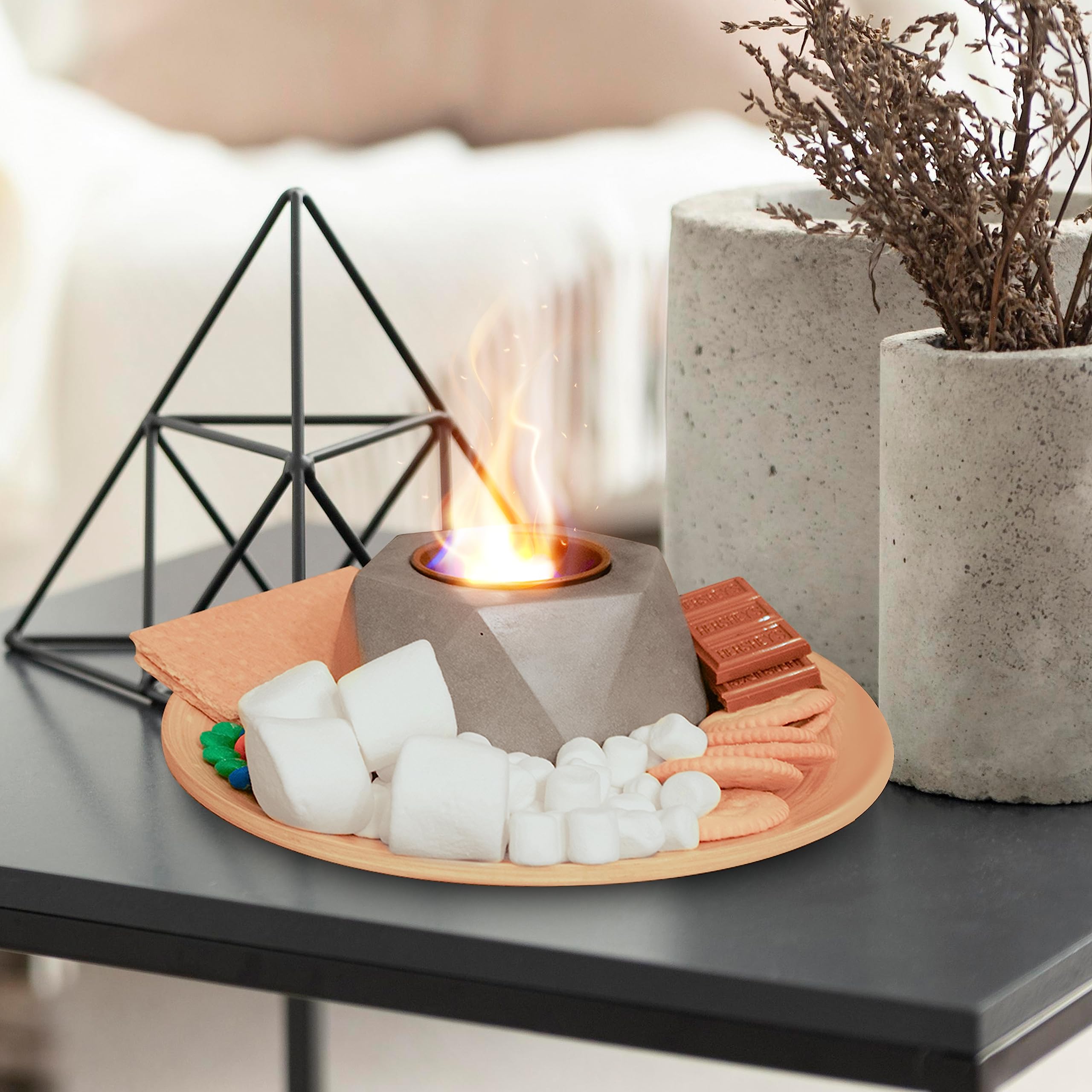 Decoram Portable Tabletop Fire Pit - Mini Fire Pit for Indoor & Outdoor Use - Table Top Fire Pit Bowl with Extinguisher, Steel Burn Chamber, Wool Insert, Bamboo Sticks for Smores, Dark Gray