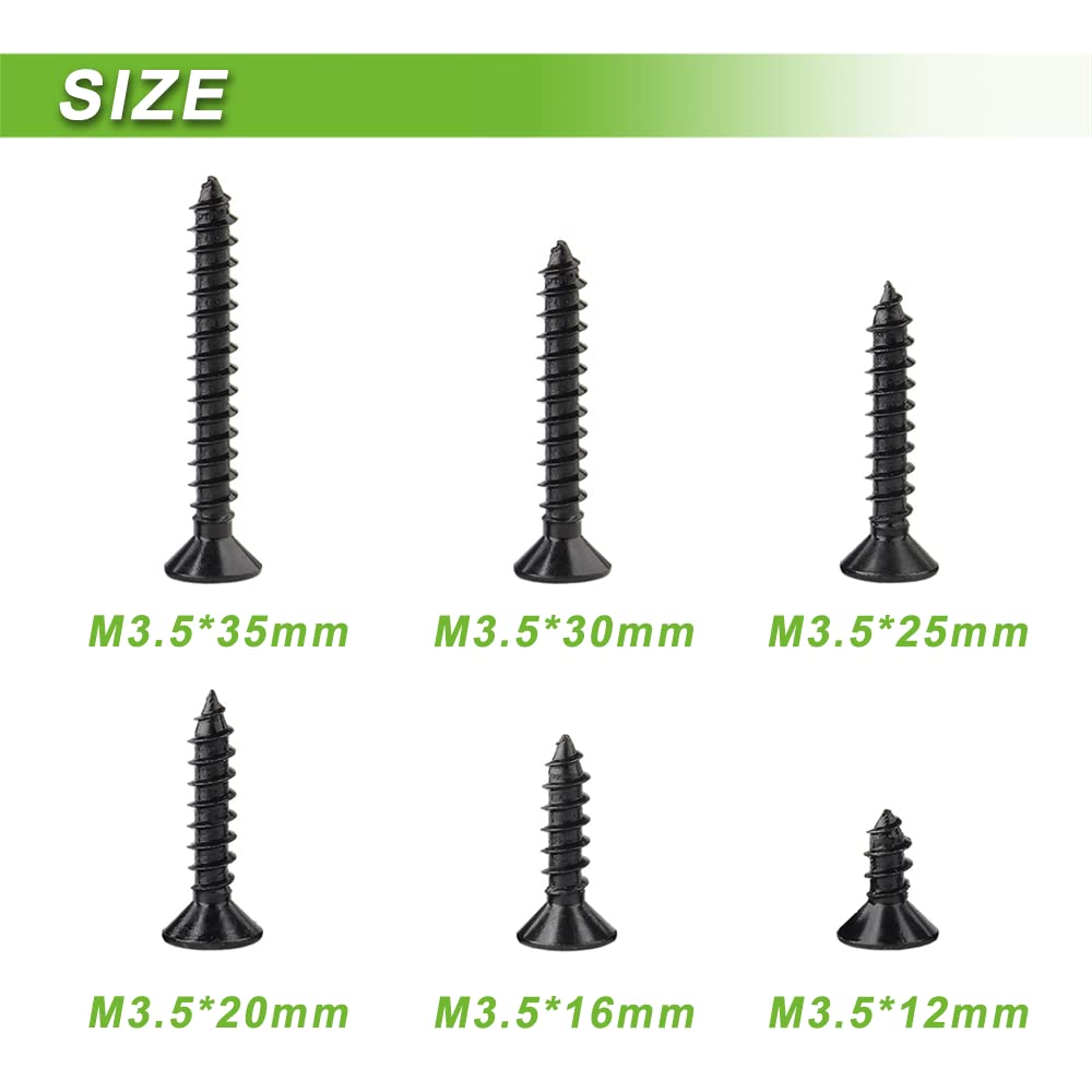 ECKJ M3.5 Flat Head Wood Screws Assortment Kit Phillips Drive Countersunk Head Self-Tapping Screws Short Small Carbon Steel Black Fasteners 124pcs 6 Sizes of Length 12/16/20/25/30/35mm