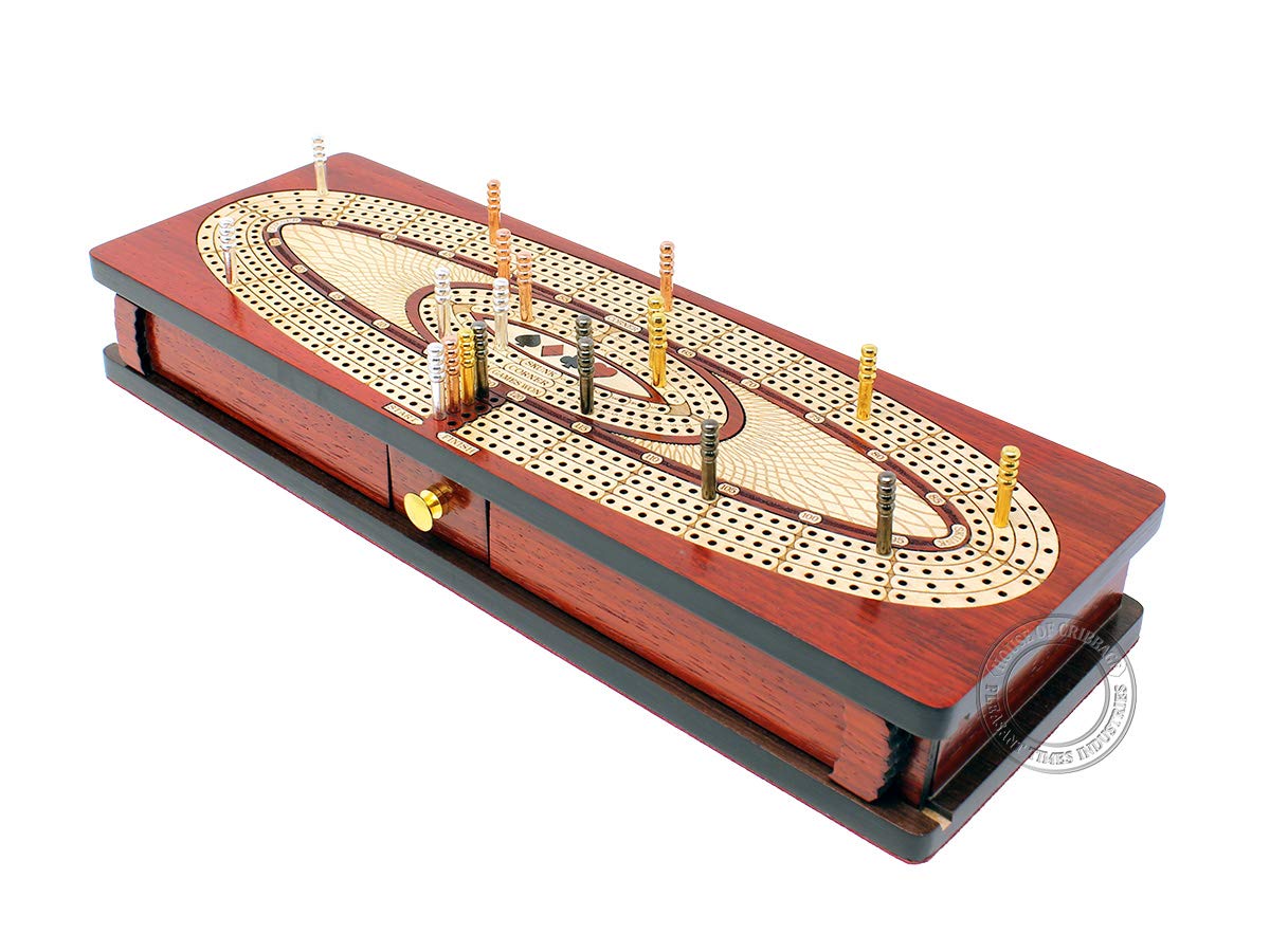 House of Cribbage - Continuous Cribbage Board/Box Inlaid in Blood Wood/Maple : 4 Track - Sliding Lids, Drawer & Metal Pegs with Score Marking Fields for Skunks, Corners and Won Games